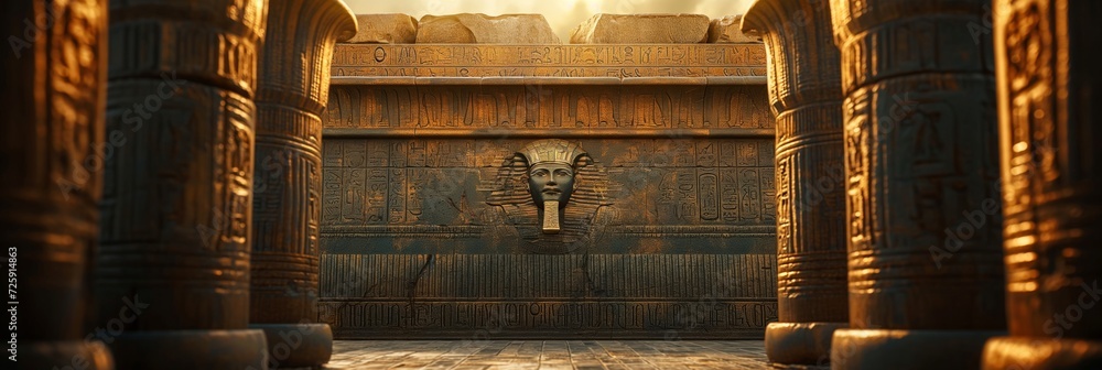 Egyptian tomb passage. Pharaoh grave decorated with hieroglyphs. Dark ...