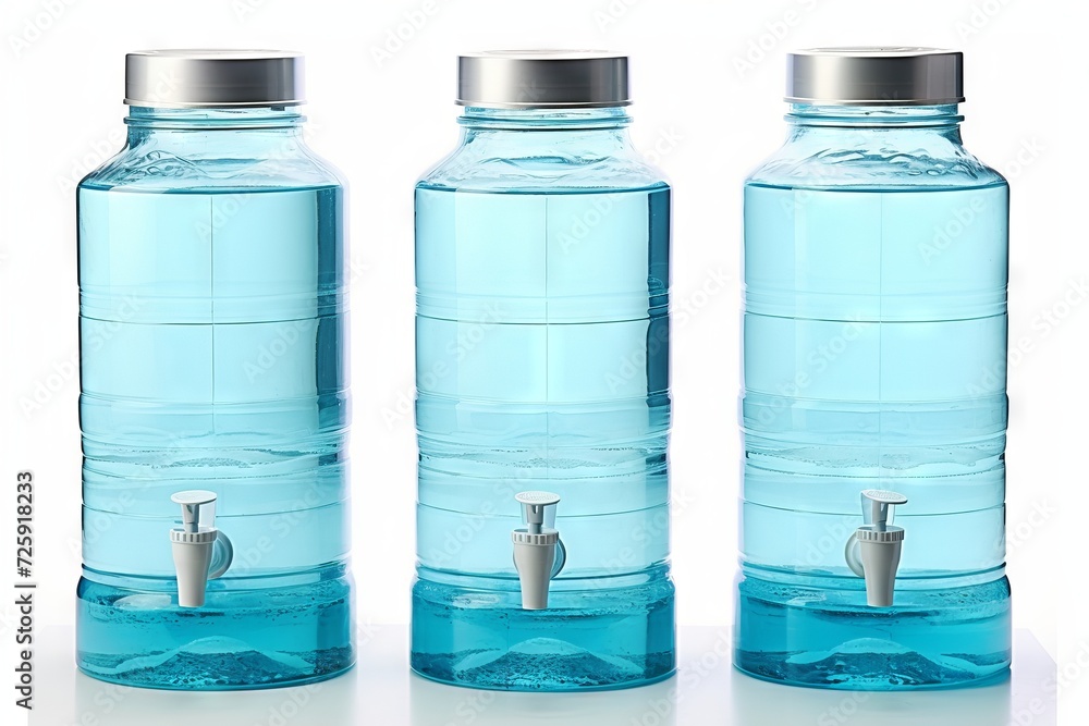 Large water coolers with taps and silver lids. White background ...