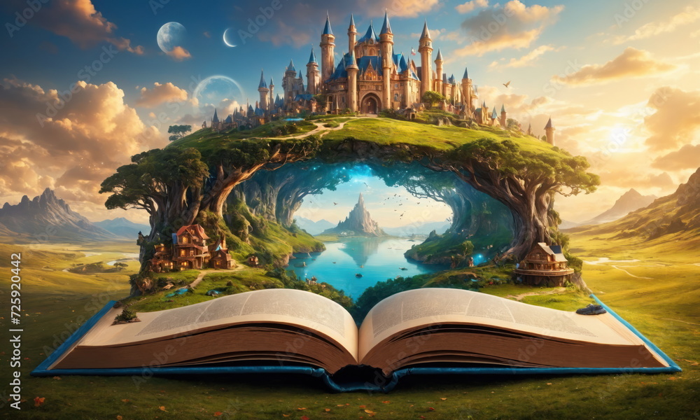 An open storybook reveals a breathtaking fantasy landscape with a ...