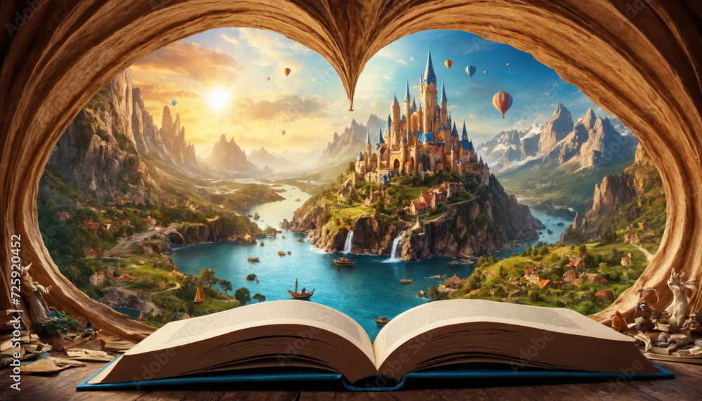 An open storybook reveals a breathtaking fantasy landscape with a ...