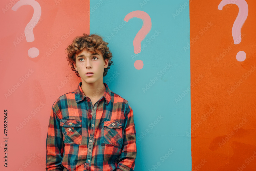 Young pensive boy in casual style attire with question marks over ...