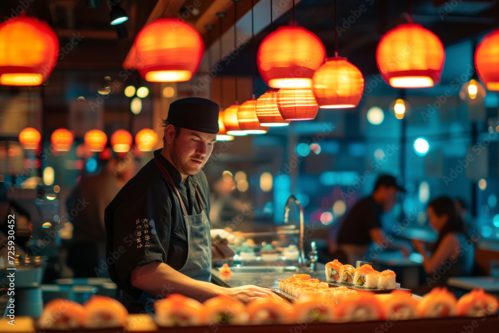 Sushi bar ambiance, a chic and modern scene capturing the lively ...