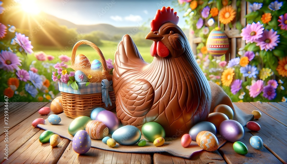 Pâques : poule en chocolat, œufs colorés, fleurs pour une célébration ...