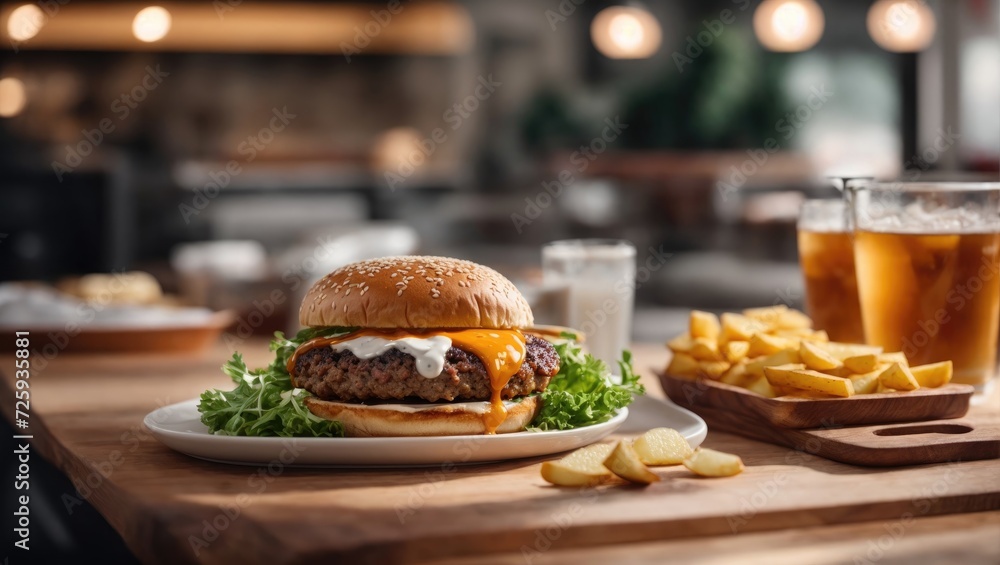 Hamburger with vegetables and tomato sauce on the restaurant table ...