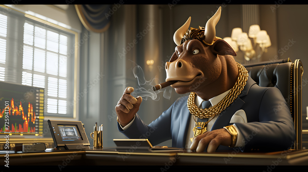 Bull in a suit smoking a cigar sitting at a desk in a room, looking at ...