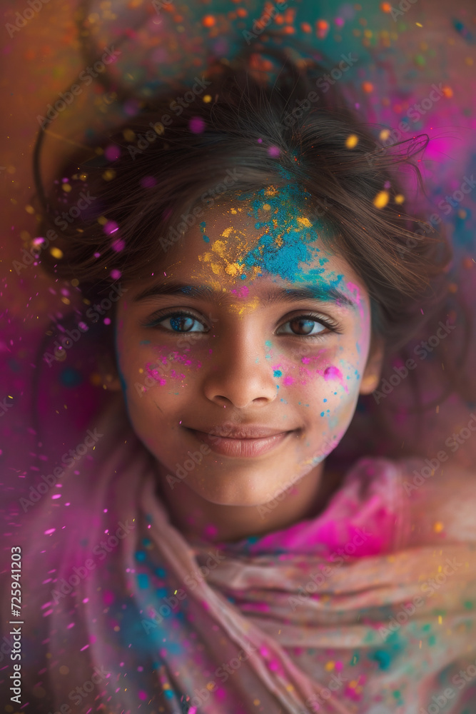 Beautiful little girl at Holi festival of colors in India. The concept ...
