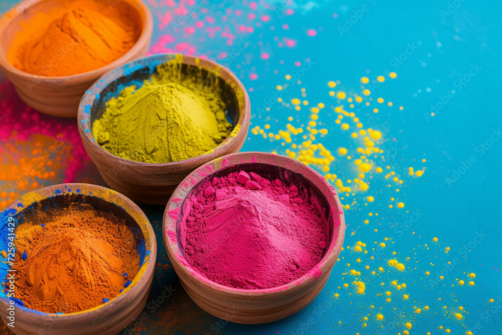 Colorful powder paints in pots at a market in India. Festival of colors ...