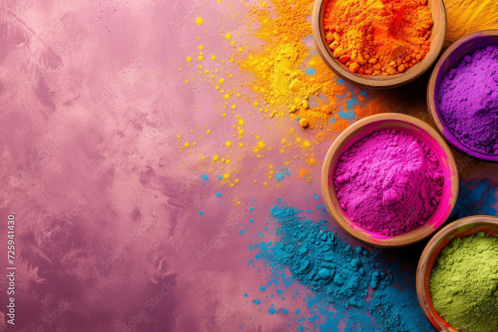 Colorful powder paints in pots at a market in India. Festival of colors ...