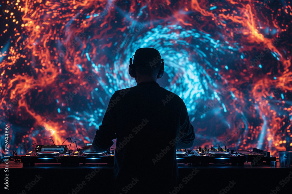 shot of a DJ in front of a mesmerizing visual display, merging music ...