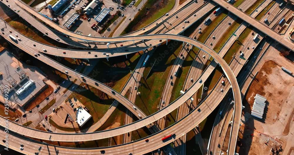 Cars move by the roads and freeways in Dallas, Texas, USA. Top view of ...