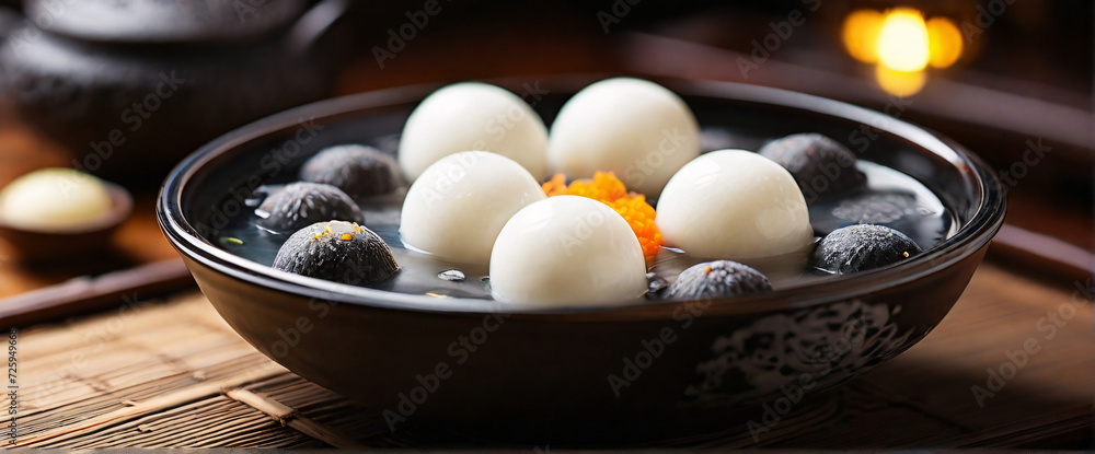 A warm, inviting bowl of Sweet Rice Balls (Tangyuan), each ball ...