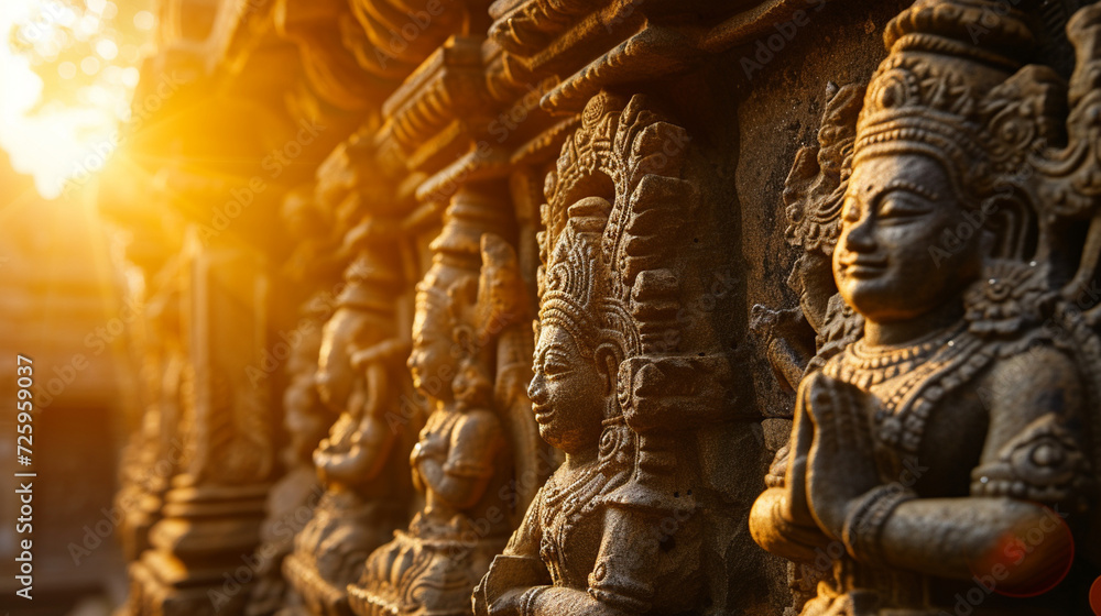Ancient stone carvings depicting Hindu gods, bathed in the warm light ...