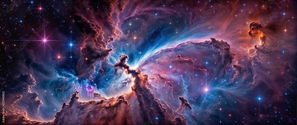 A colorful nebula and stars fill the image, with the nebula appearing ...
