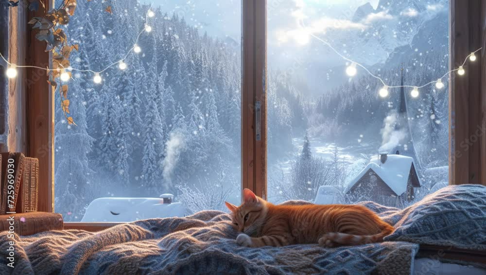 Cats sleeping on a window sill of the window. Outside the window, snow ...