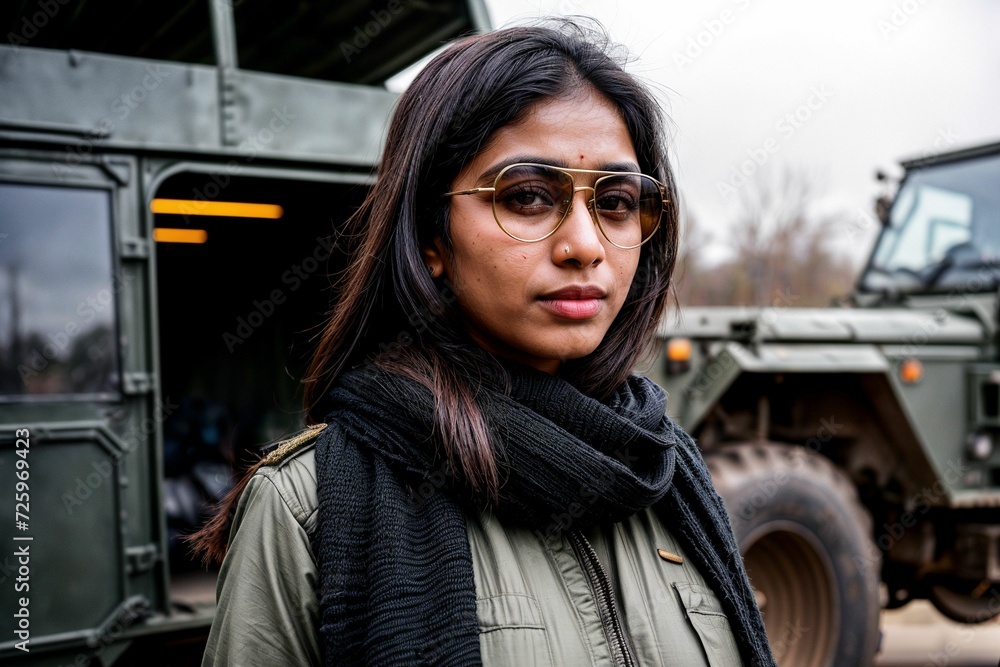 A strong and determined soldier girl standing proudly in front of an ...