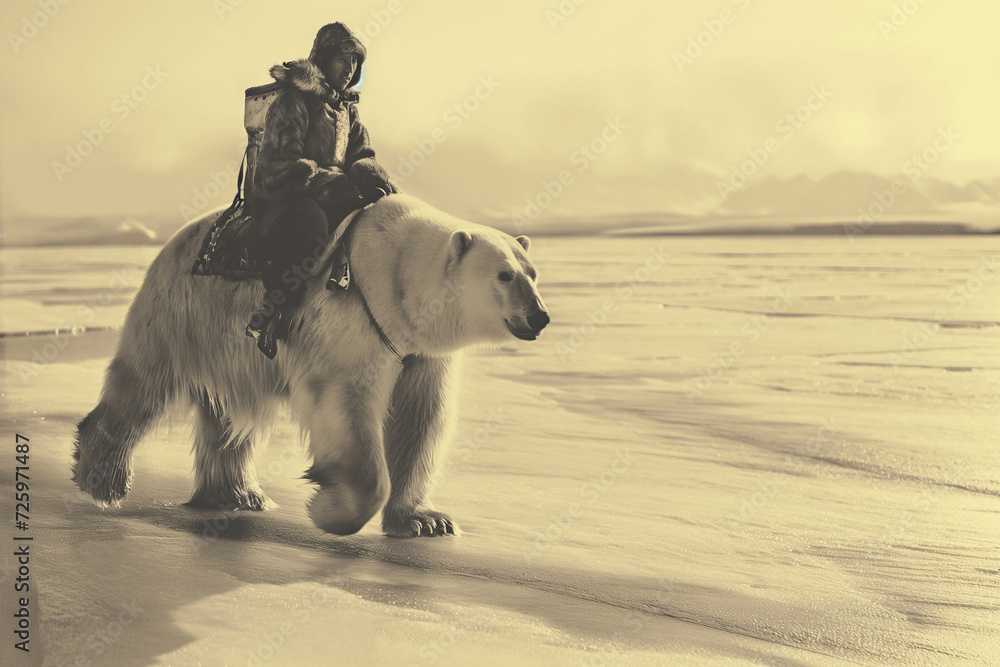 Vintage hunter riding a Polar bear across the tundra in the late 1800's ...