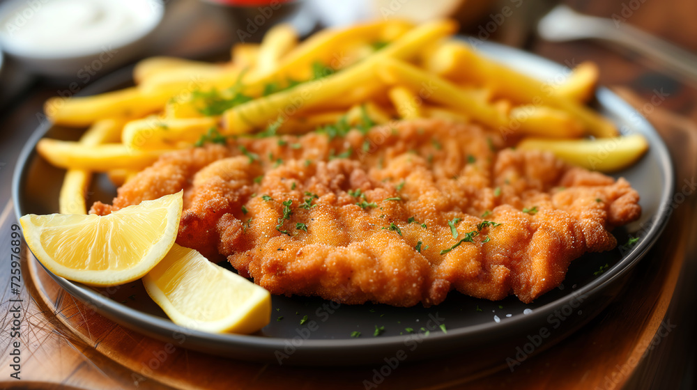 wiener schnitzel with fries and lemon restaurant menu Stock Photo ...
