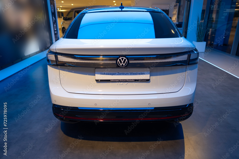 new white electric Volkswagen ID.7 five-door car, Liftback in showroom ...