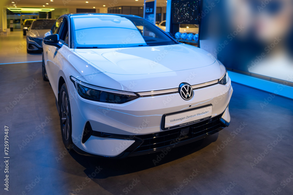 new white electric Volkswagen ID.7 five-door car, Liftback in showroom ...