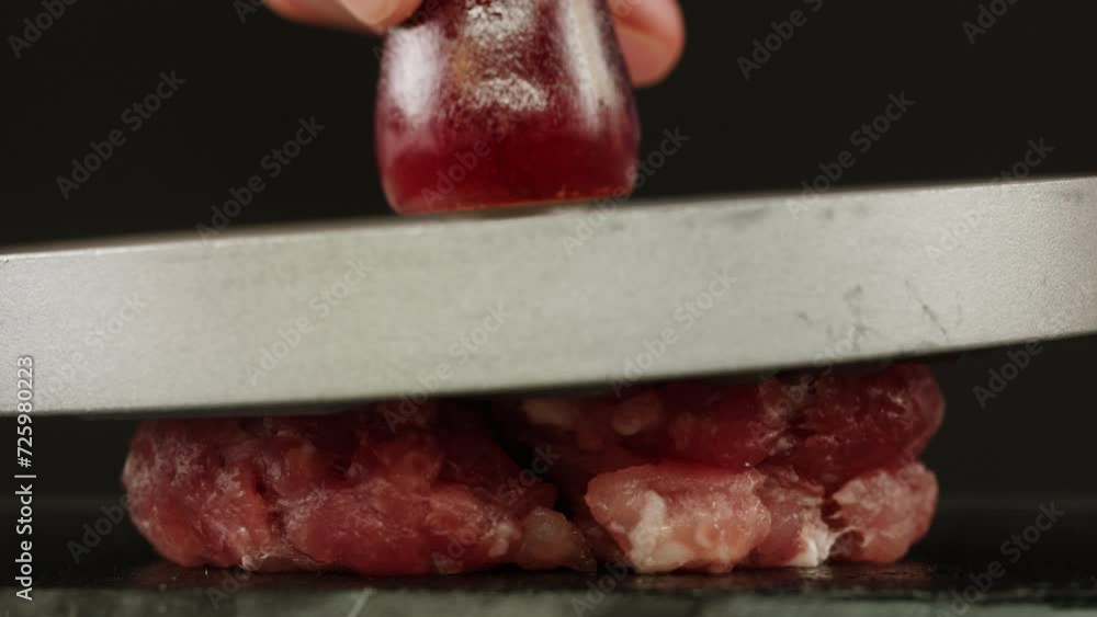 Cooking American fat smash burger on grill close-up. Beef or pork ...