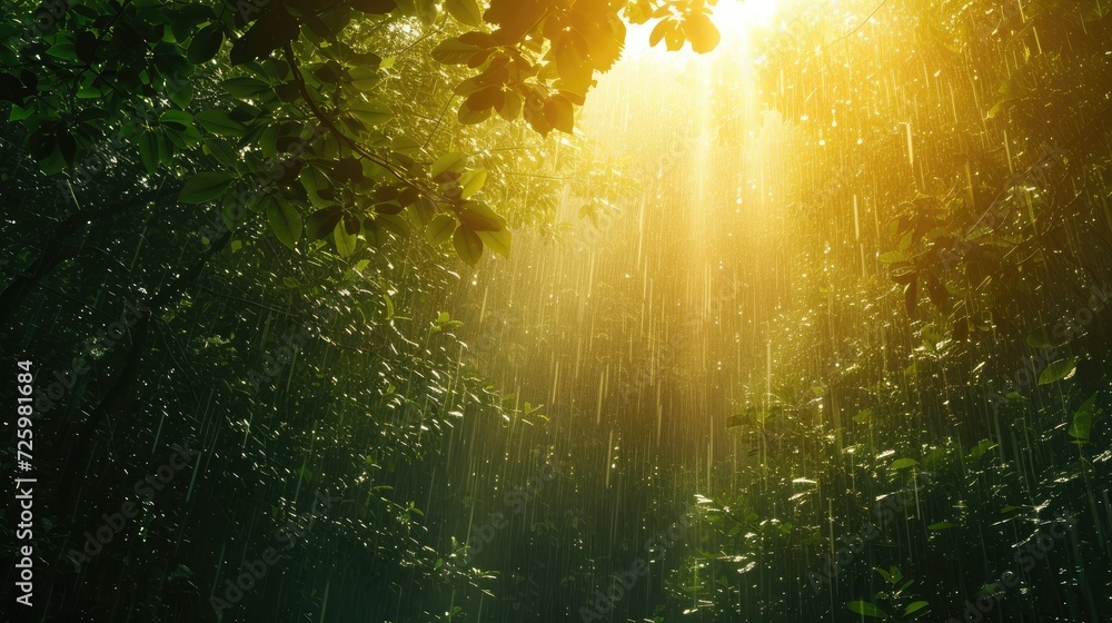 Summer rain in lush green forest, with heavy rainfall background. Rain ...