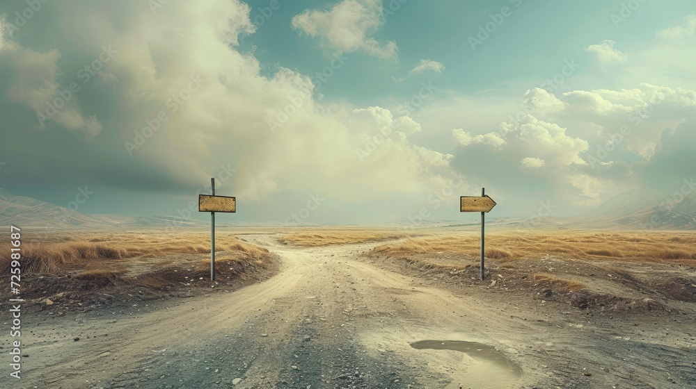 Surreal landscape with a split road and signpost arrows showing two ...