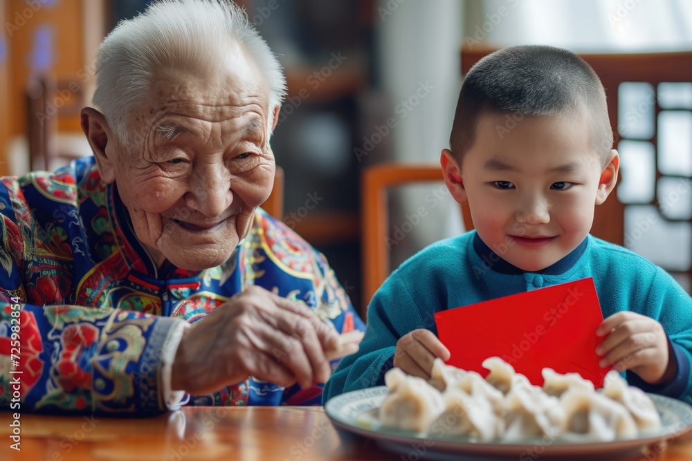 An old Chinese man gives a red envelope to a child. Traditions of China ...