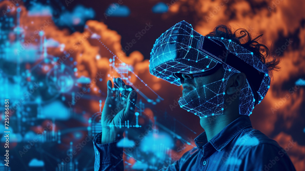 An engineer wearing virtual reality goggles interacting with a 3D cloud ...