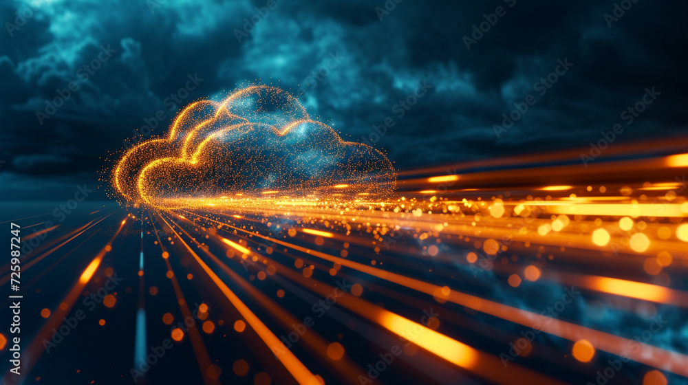 A high-speed data stream flowing into a cloud, visualized by streaks of ...