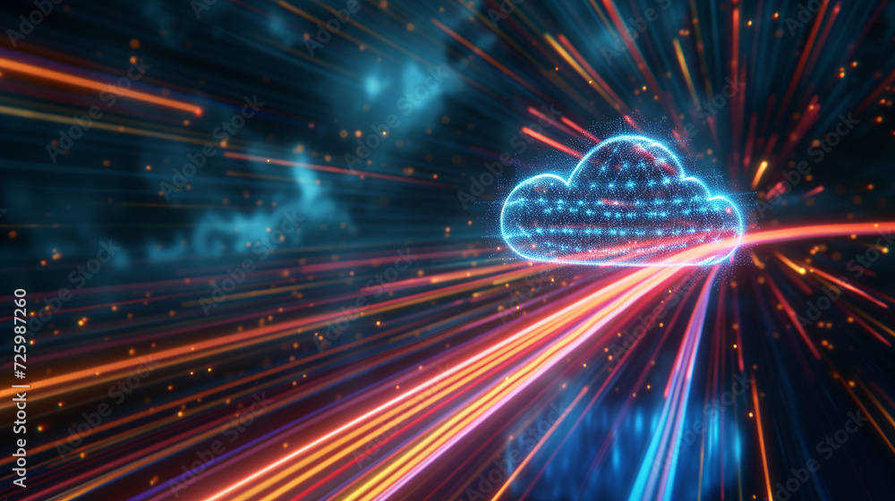 Ilustrace „A high-speed data stream flowing into a cloud, visualized by ...