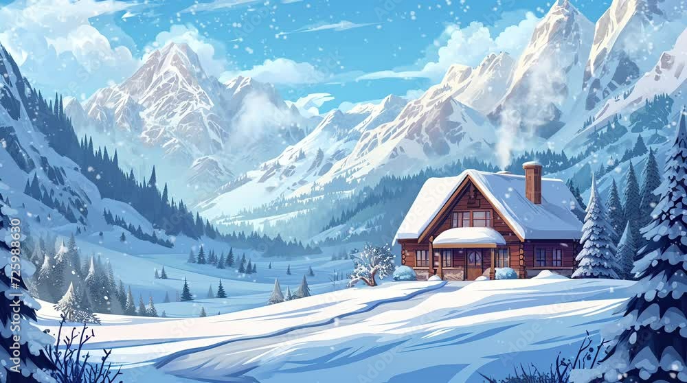 Vidéo Stock wooden cabin with light in windows, ,pine trees covered by ...