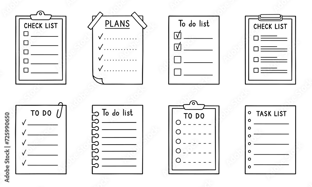 Check list, memory note paper doodle set. Reminder, to do list, notebook with plan, task and ...