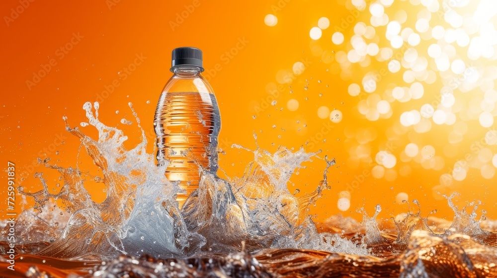 A refreshing burst of orange and fluid motion, a bottled drink dives into the sparkling outdoor ...