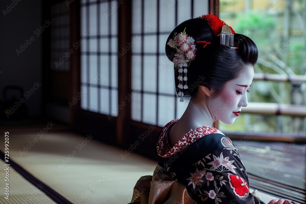 Geisha model in a traditional tea house Representing the elegance ...