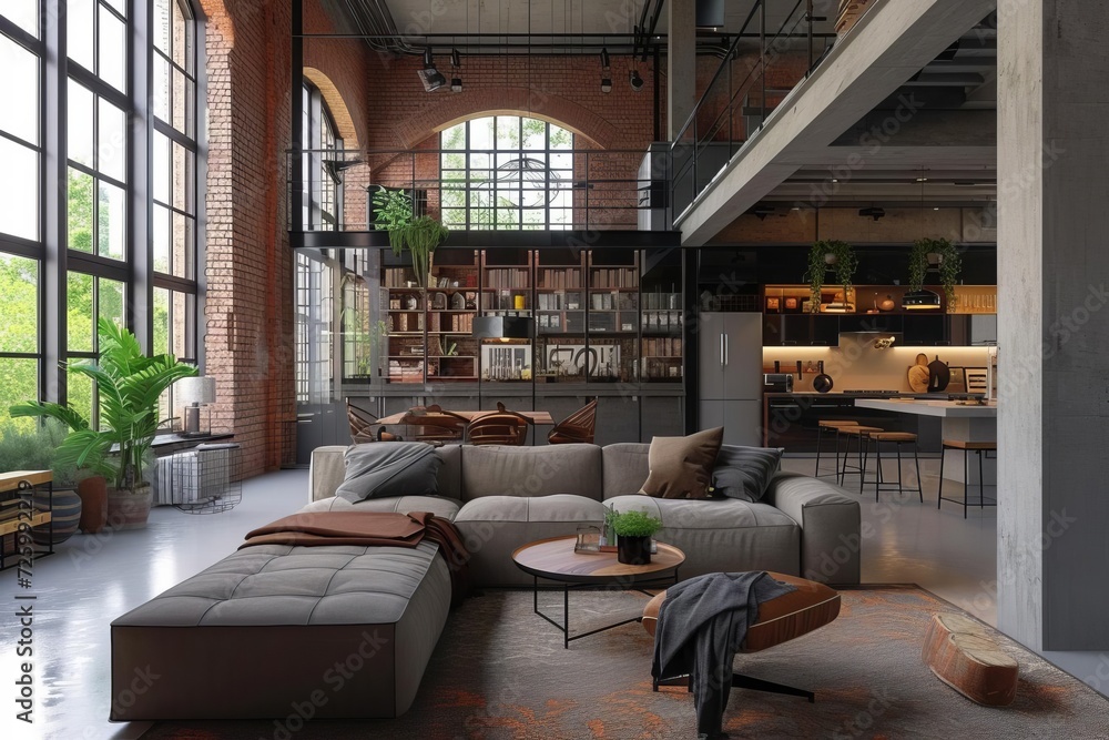 Industrial chic model in a modern loft Illustrating the fusion of raw ...