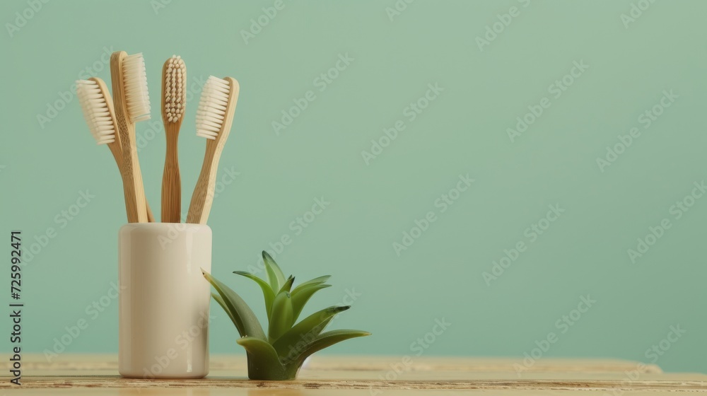 Amidst the calming presence of a potted palm, two toothbrushes rest in ...