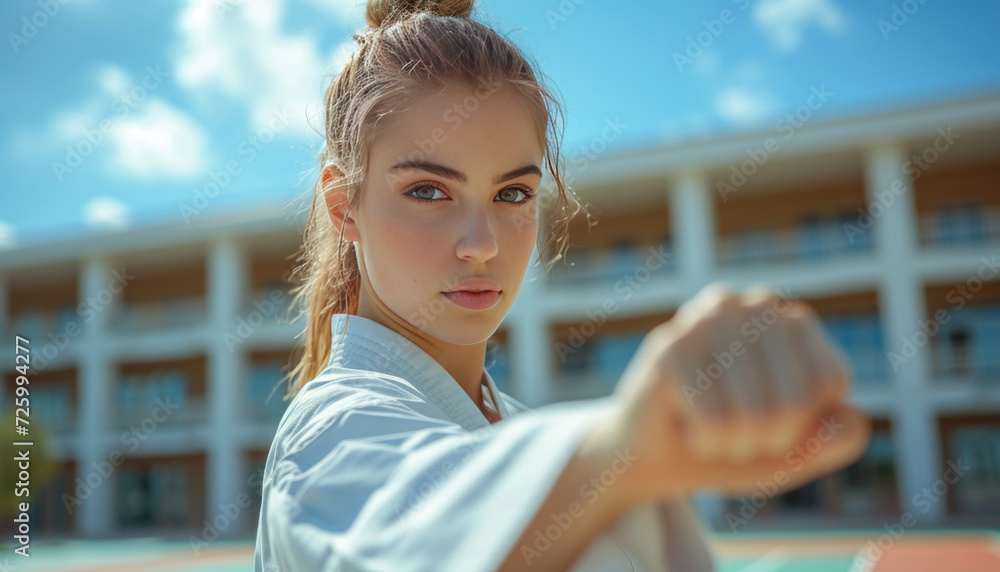 14 year old amazing girl in a karate gi in a fighting stance, dojo in the background,generative ...