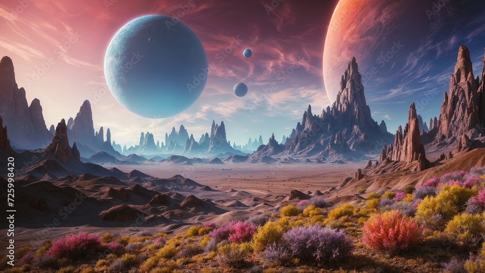 A vast alien landscape with strange mountains, planets in the sky, and ...