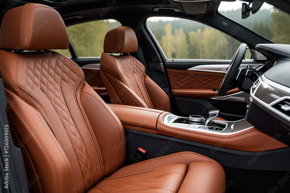 Luxurious car interior with brown leather seats, modern dashboard ...