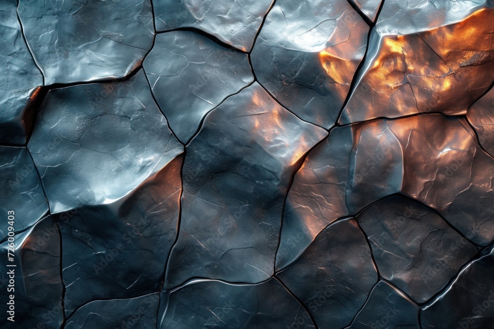 The rugged texture of the metalwork, highlighted with golden tones ...