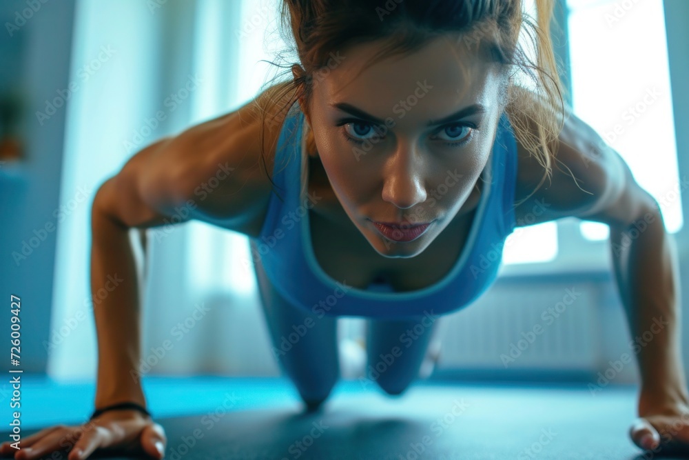 Demonstrating strength and endurance, a female athlete engages in a ...