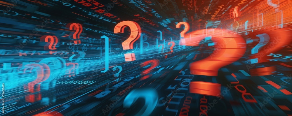 red question marks in a digital data stream, representing online search ...