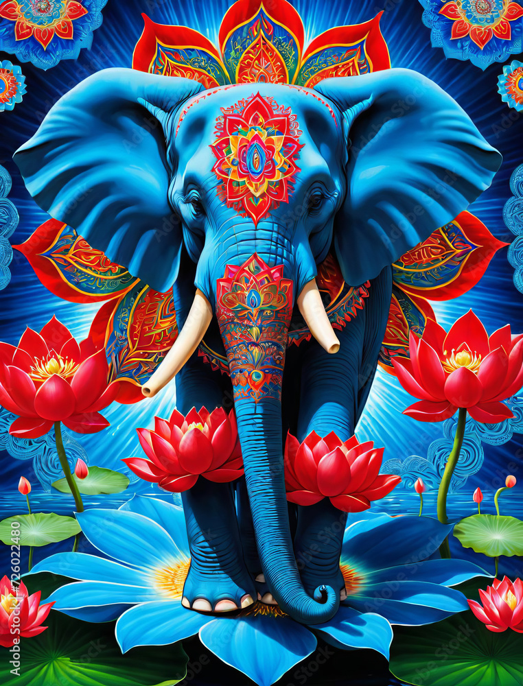 Psychedelic Elephant Close-Up with Floating Lotus and Mandala-Inspired ...