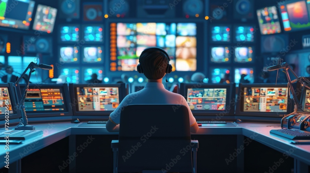 Cartoon digital avatar of a confident TV Producer, overseeing the ...
