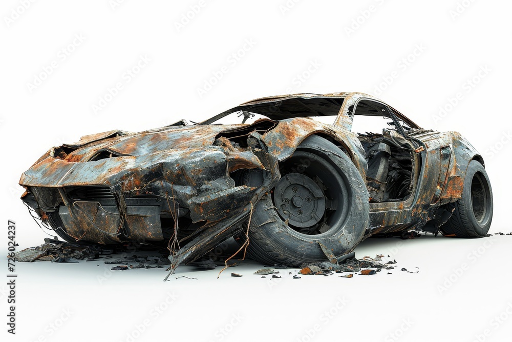 A very damaged and wrecked car, abandoned and deformed by accident and ...
