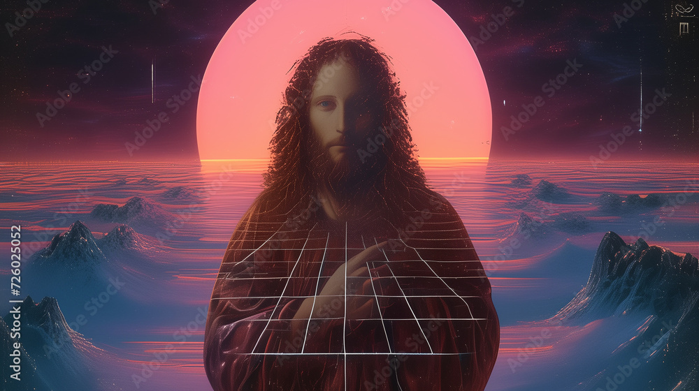 Retro-futuristic vaporwave artwork of Jesus in robes before a giant sun ...
