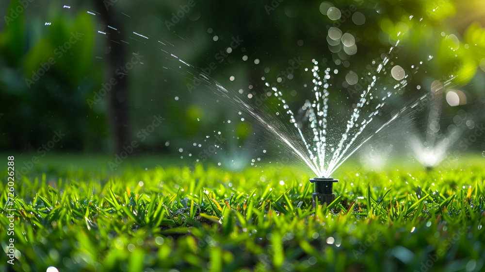Water conservation with efficient sprinkler system on vibrant green ...