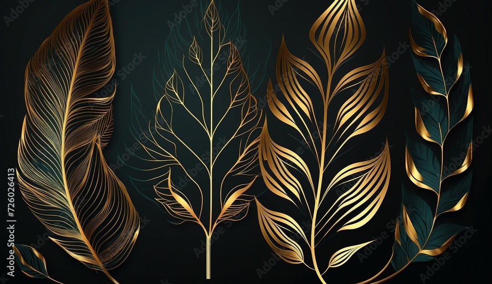 Luxurious dark abstract art background with a set of leaves in golden ...