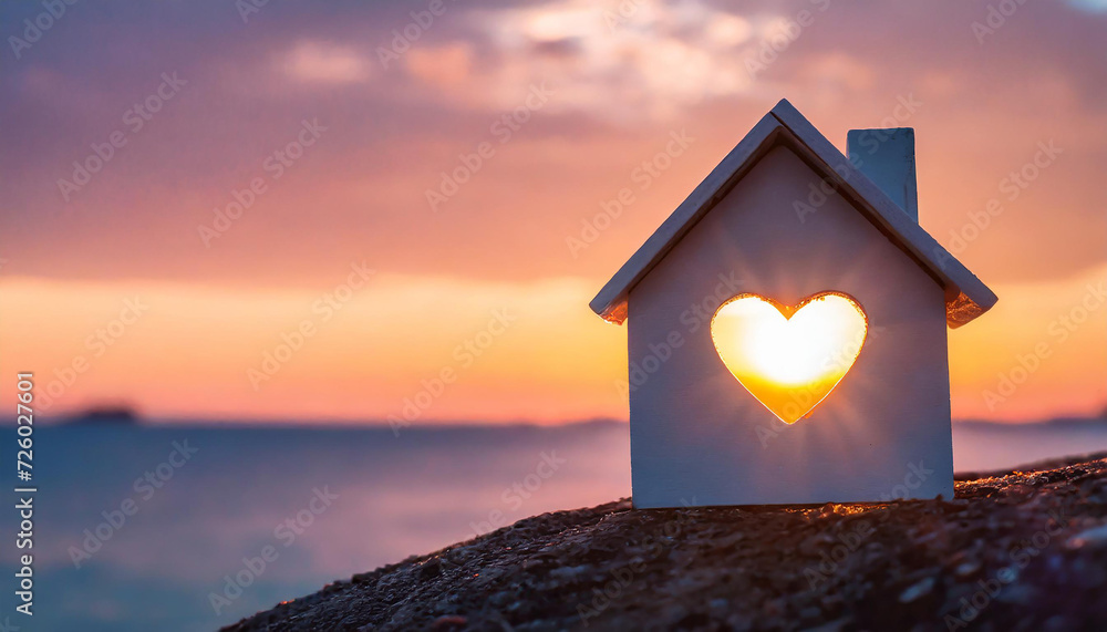 Miniature house with heart shape window on sunset background. Sweet ...