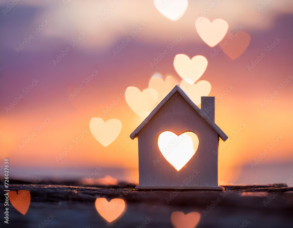Miniature house with heart shape window on sunset background. Sweet ...
